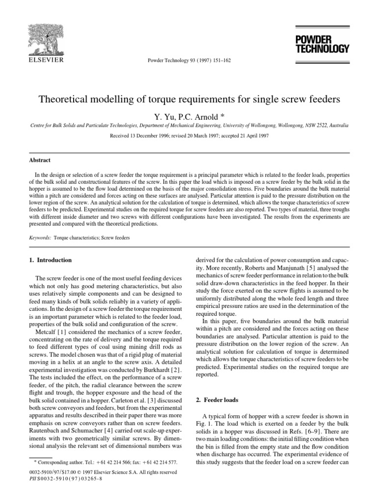Torque Modeling for Screw Feeders | PDF | Stress (Mechanics) | Screw