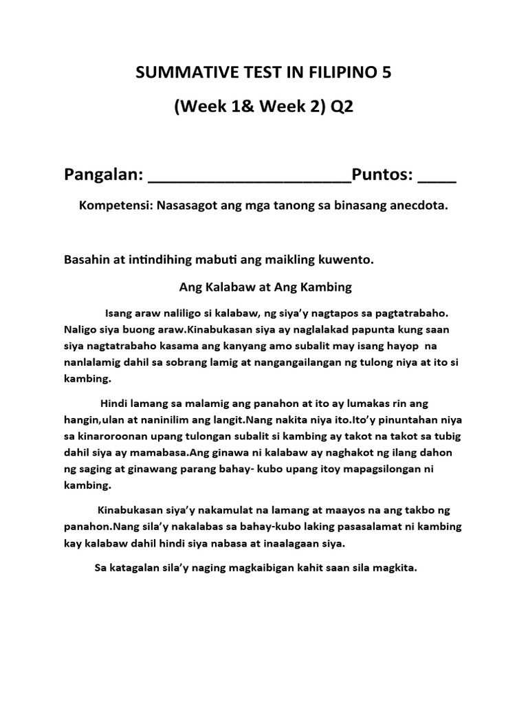 1st Summative Test in Filipino 5 | PDF
