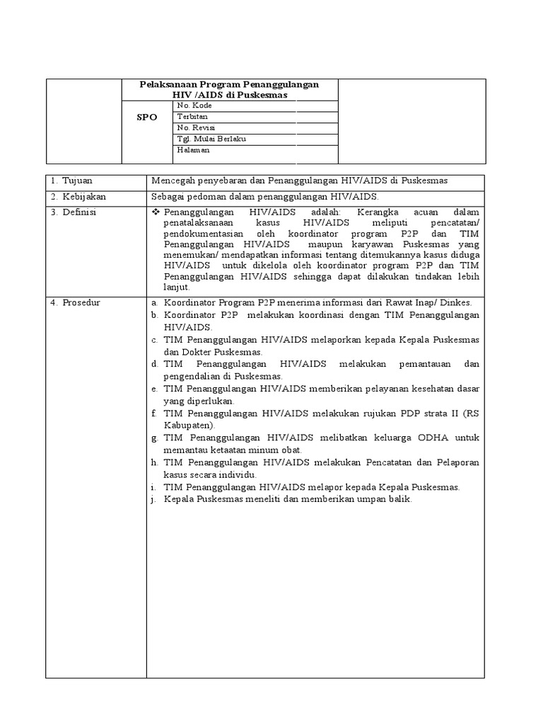 SOP Pelaksanaan Program Penanggulangan HIV AIDS Di Puskesmas S | PDF