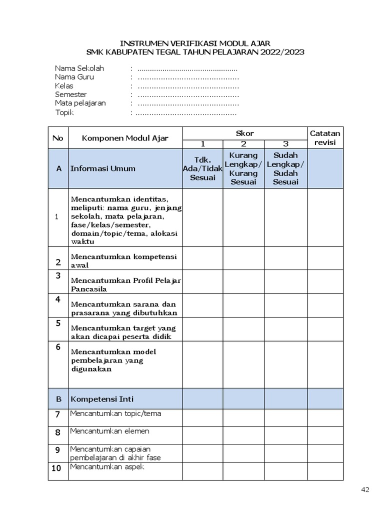 Instrumen Verivikasi Modul Ajar 2022 | PDF