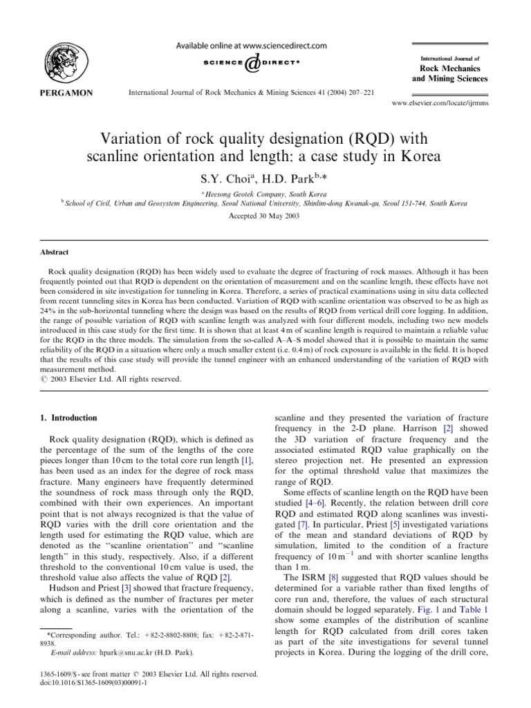 Choi 2004 - Variation of Rock Qualitydesignation (RQD) With Scanline ...