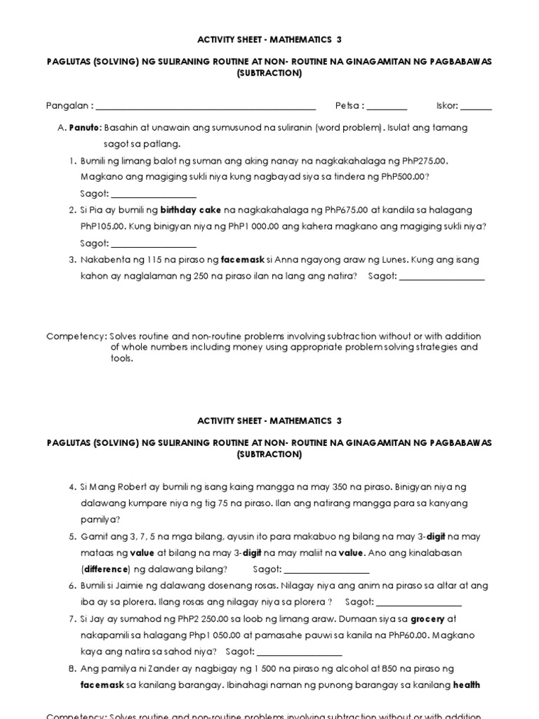 Activity Sheet Solves Routine and Non Routine Problems Involving ...