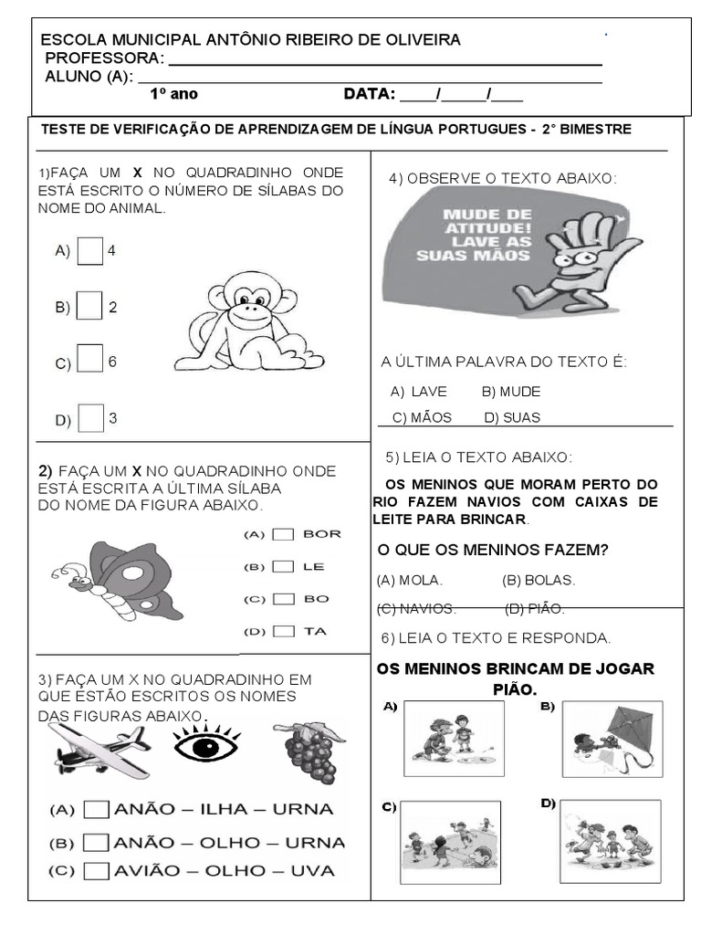 Avaliacao II Bimestre de Portugues 1º Ano Fundamental - Abcdpdf - PDF - para - Word | PDF ...