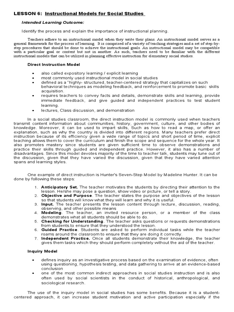 LESSON 6: Instructional Models For Social Studies: Intended Learning ...