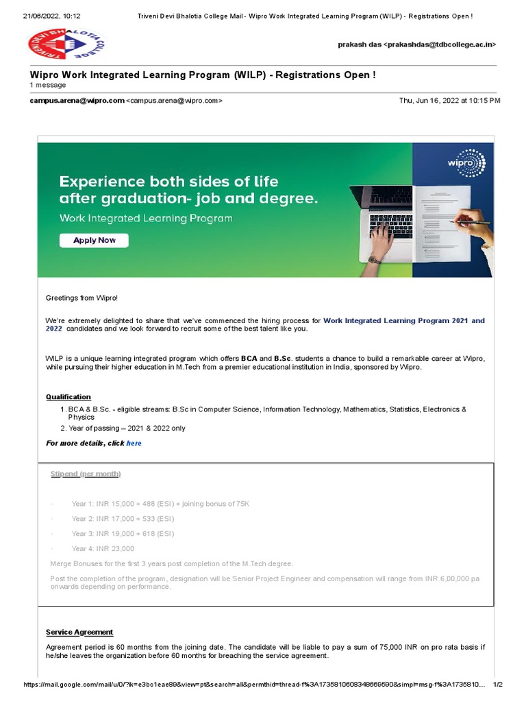Triveni Devi Bhalotia College Mail - Wipro Work Integrated Learning ...