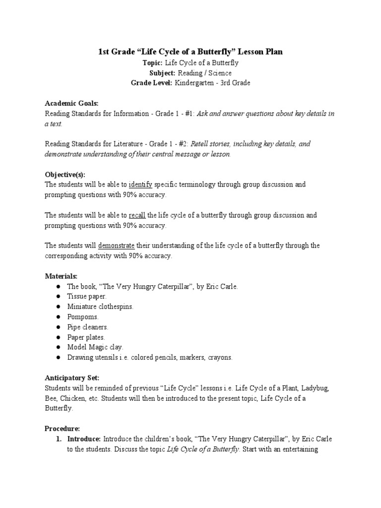 Life Cycle of A Butterfly Lesson Plan | PDF | Butterfly | Lesson Plan