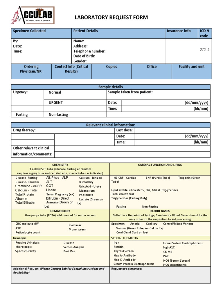 Laboratory Request Form: Specimen Collected Patient Details Insurance Info ICD-9 Code | PDF ...