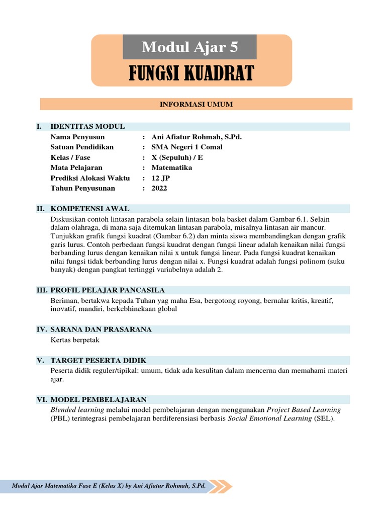 Modul Ajar Fungsi Kuadrat Kurikulum Merdeka Berubah | PDF