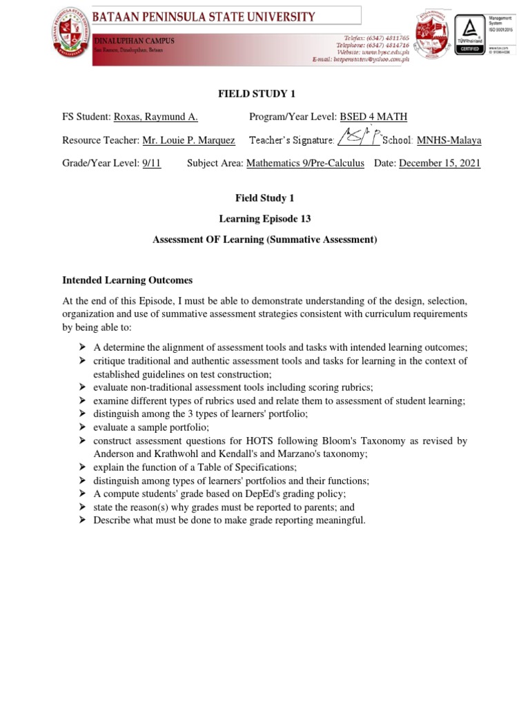 FS1 Learning Episode 13 | PDF | Educational Assessment | Rubric (Academic)