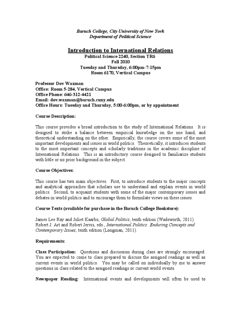 Introduction to International Relations course syllabus | International Relations ...