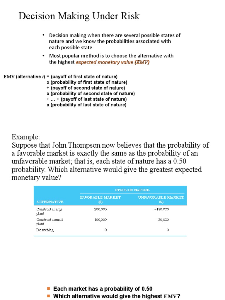 Decision Making Under Risk: Expected Monetary Value (EMV) | PDF ...