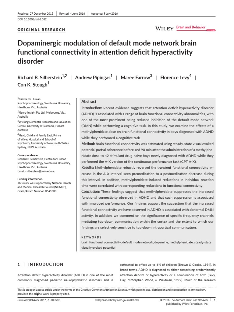Brain and Behavior - 2016 - Silberstein - Dopaminergic Modulation of Default Mode Network Brain ...
