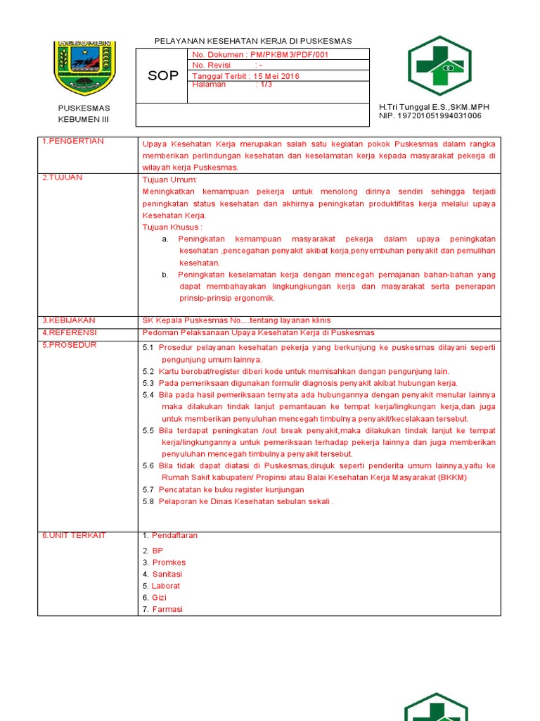 Idoc - Pub - Sop Pelayanan Kesehatan Kerja Di Puskesmas | PDF
