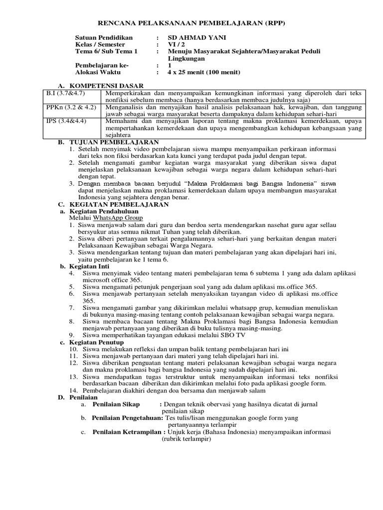 RPP Kls 6 TEMA 6 ST 1 PB 1 . | PDF | Karier & Perkembangan