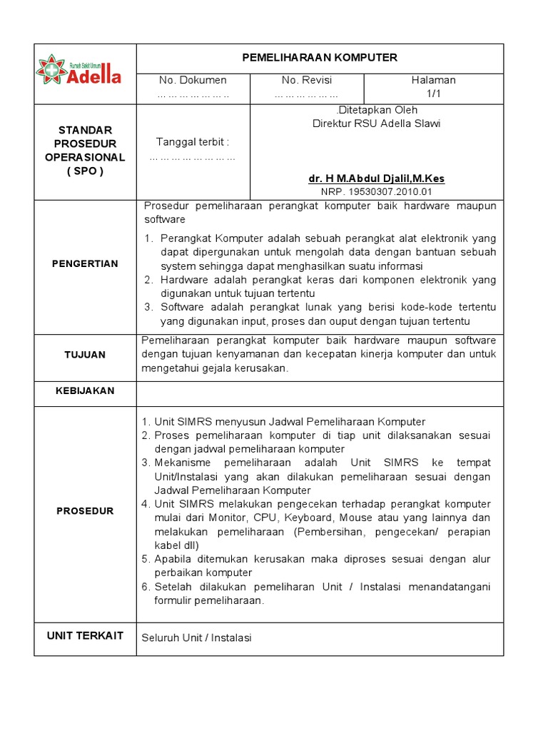 Pemeliharaan Komputer RSU Adella | PDF