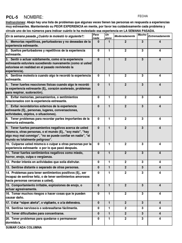 Pcl-5-Espanol-Una Semana | PDF | Conceptos psicologicos | Sicología