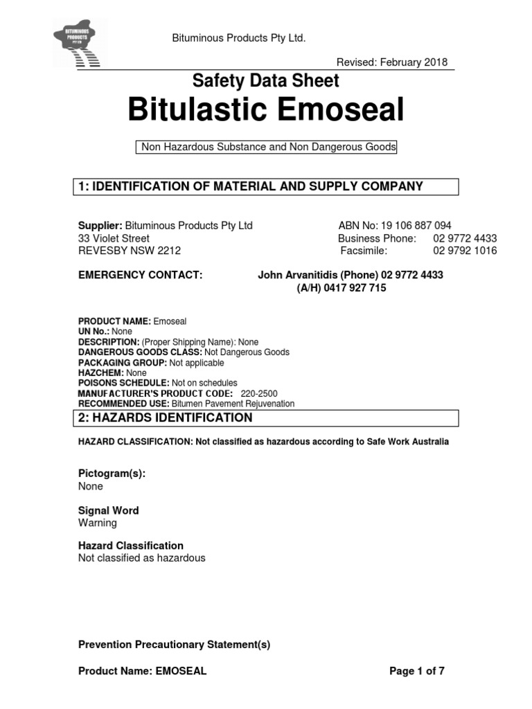 Bitulastic Emoseal: Safety Data Sheet | PDF | Dangerous Goods ...