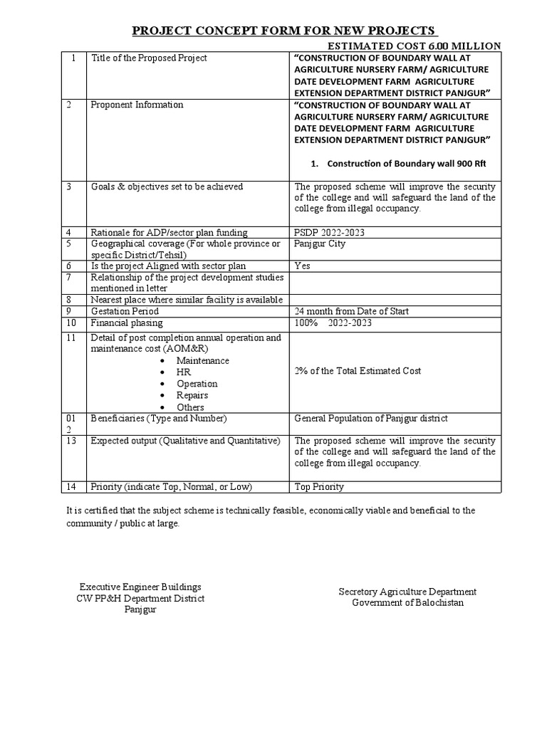 Project Concept Form For New Projects: Estimated Cost 6.00 Million ...