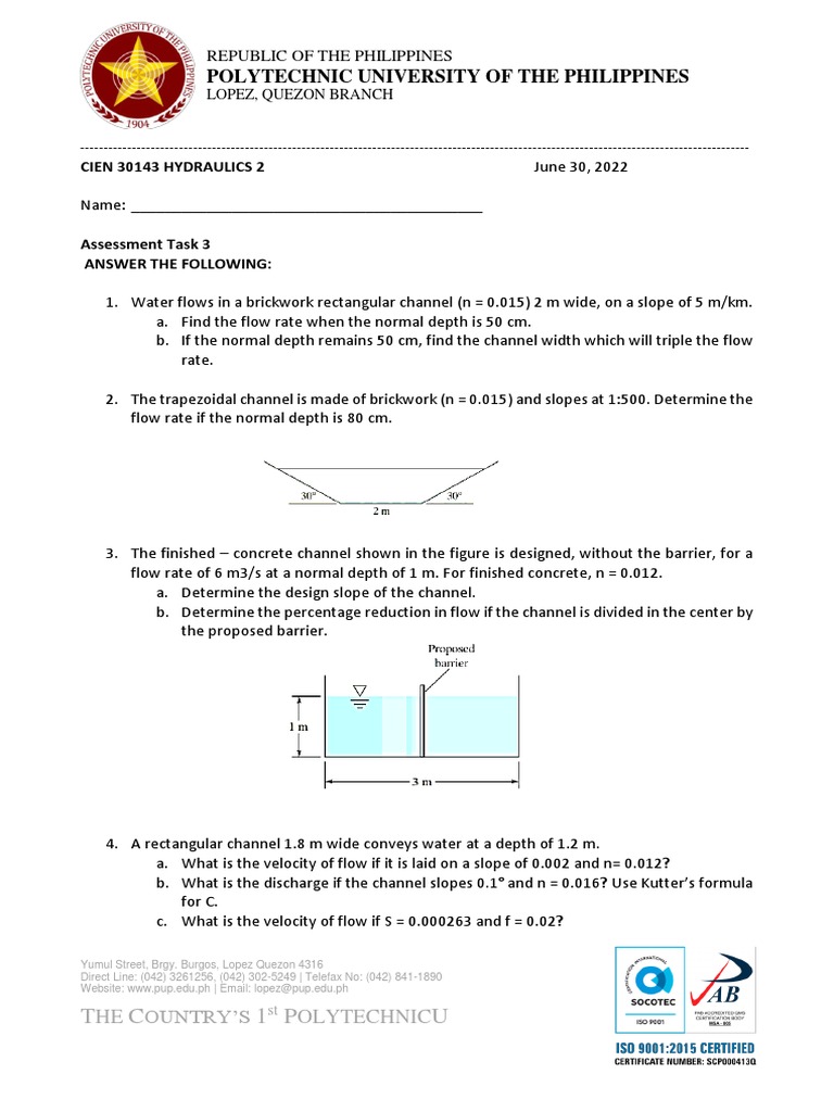 Assessement Task 3 - Flow in Open Channel | PDF | Continuum Mechanics | Mechanics