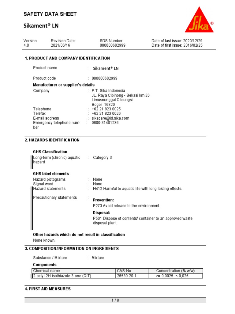 Sikament® LN: Safety Data Sheet | PDF | Dangerous Goods | Toxicity