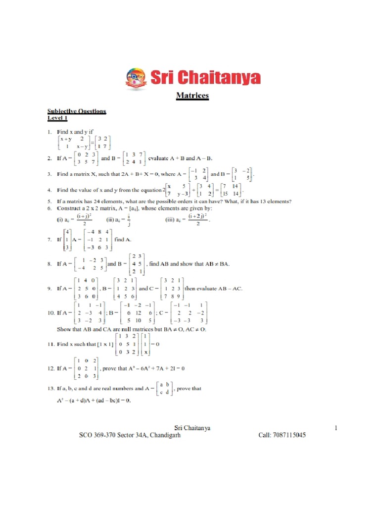 Matrices Maths Assignment Sri Chaitanya | PDF