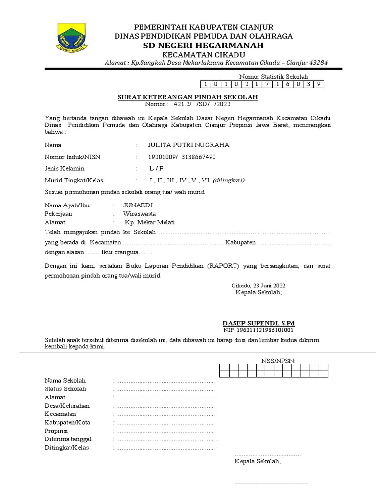 Surat Keterangan Pindah Sekolah Cianjur | PDF