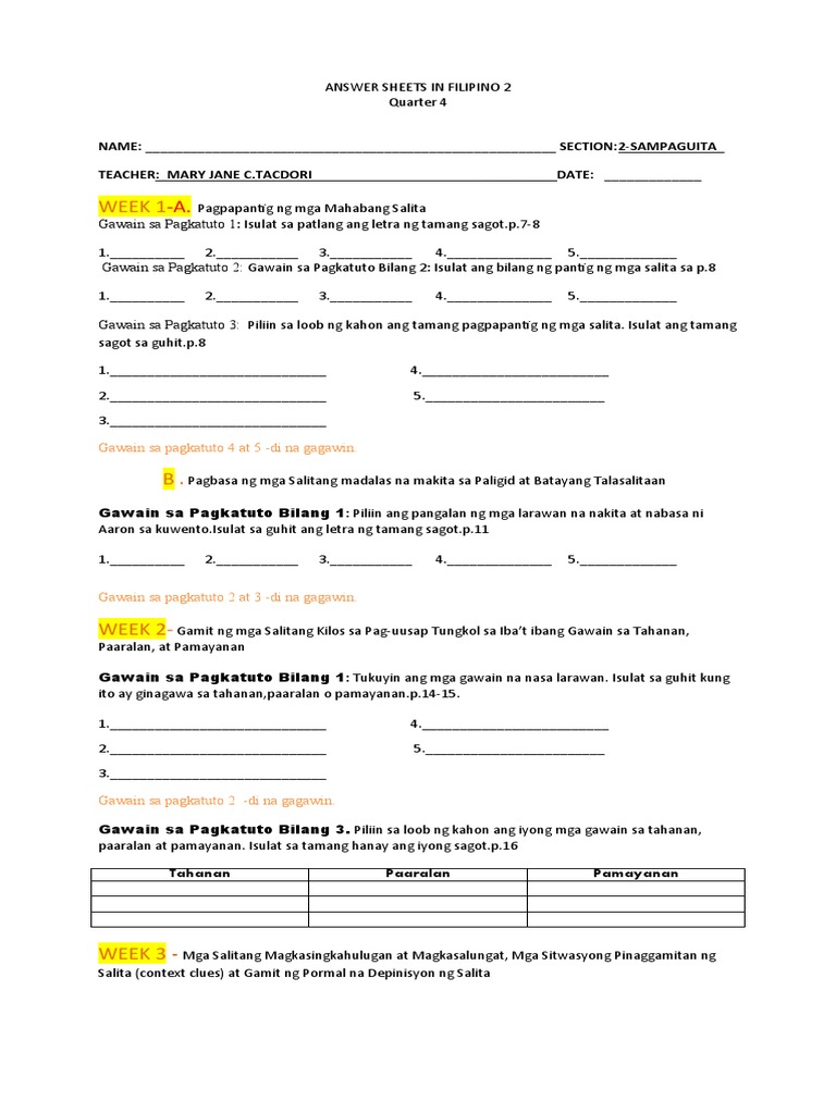 Grade 2 q4 Filipino Worksheet | PDF