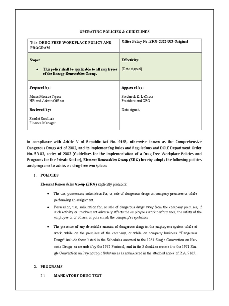 Draft - DRUG-FREE WORKPLACE POLICY AND PROGRAM | PDF | Employment ...
