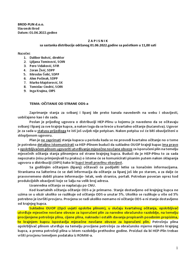 Zapisnik Sa Sastanka 01.06.22 Distribucija Očitanje | PDF