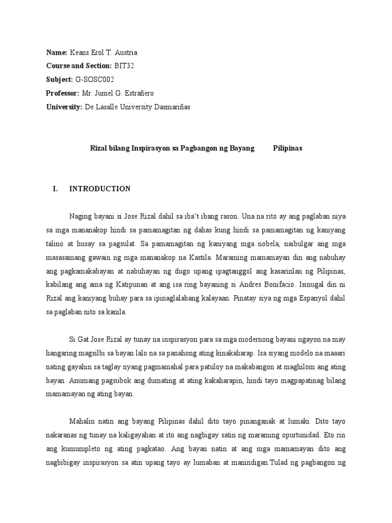 AUSTRIA - Rizal Bilang Inspirasyon Sa Pagbangon NG Bayang Pilipinas | PDF