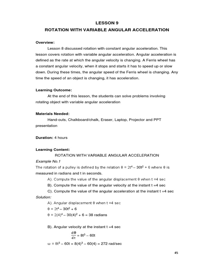Lesson 9 Rotation With Variable Angular Acceleration: Overview | PDF ...