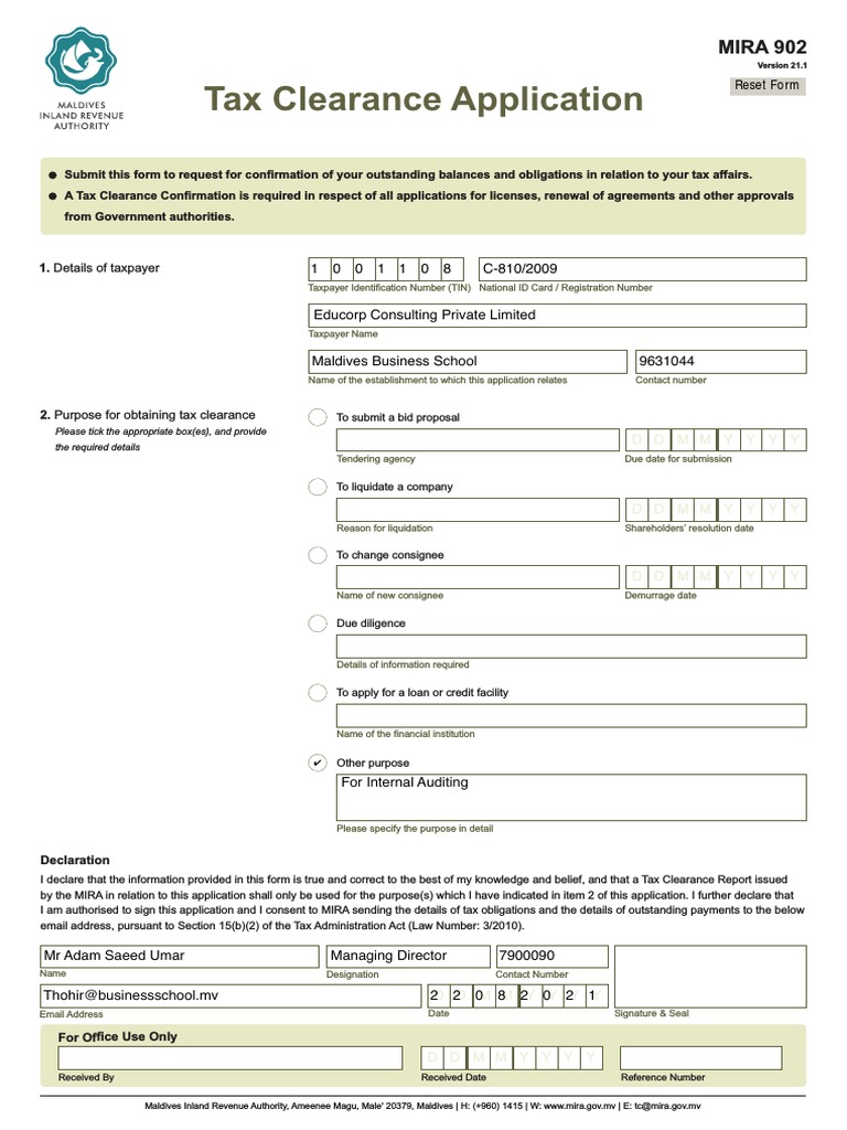 Mira 902 Tax Clearance Application English Fillable | PDF | Taxes ...