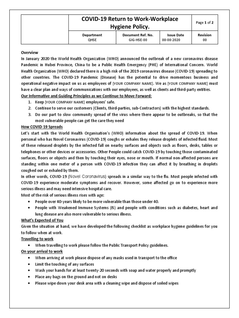 COVID-19-Return To Work-Workplace Hygiene Policy | PDF | Hygiene ...