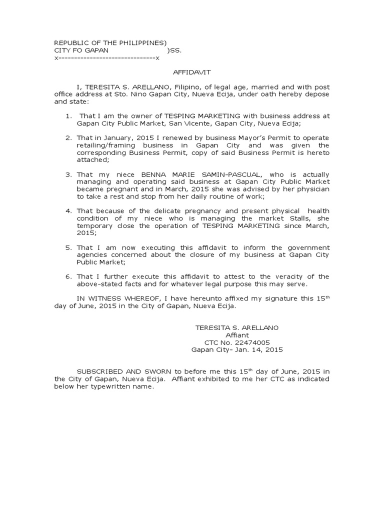 Business Closure | PDF | Affidavit | Civil Law (Common Law)