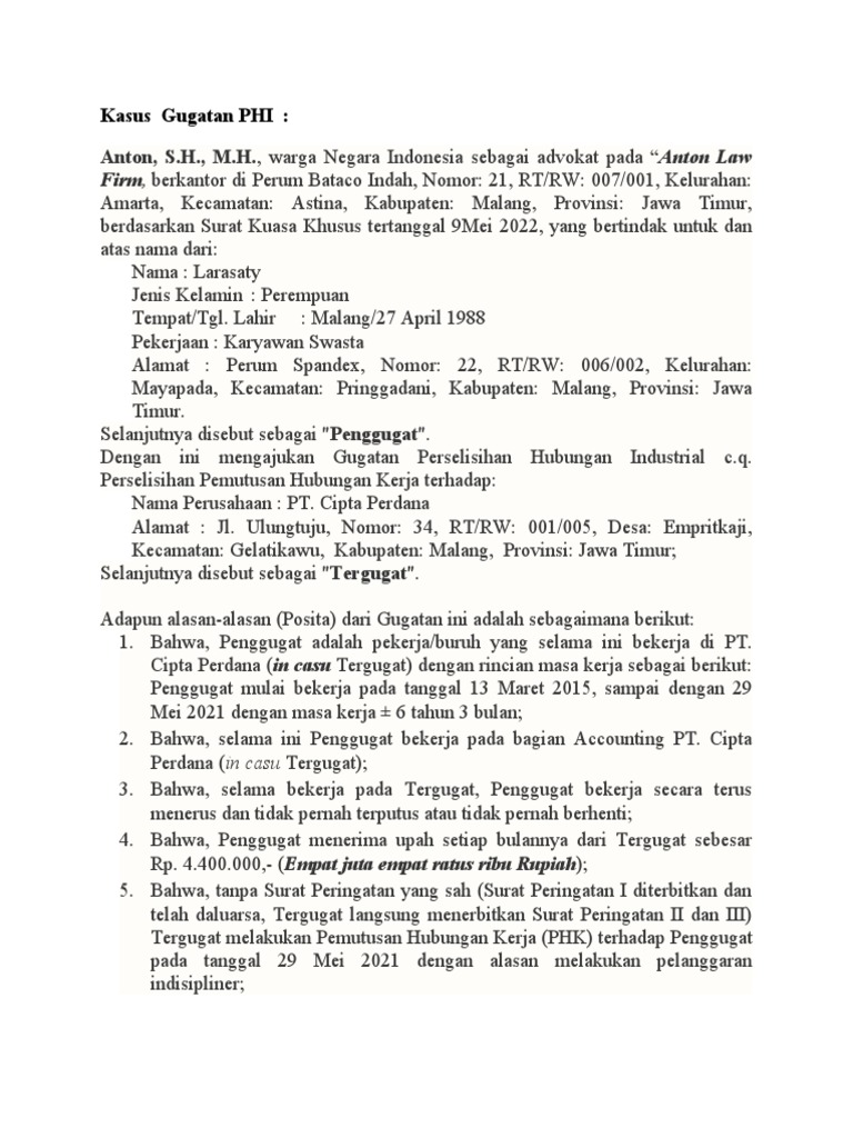 Kasus Gugatan PHI | PDF | Hukum