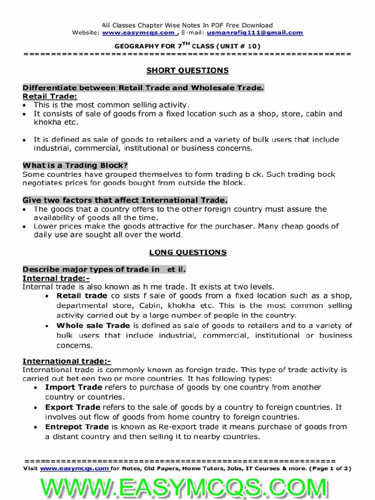 7th Class Geography Federal Board Old Syllabus Unit 10 | PDF