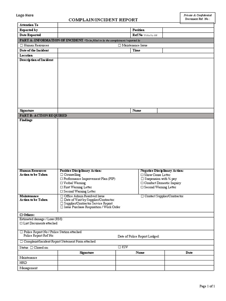 Sample-Complaint Incident Report | PDF