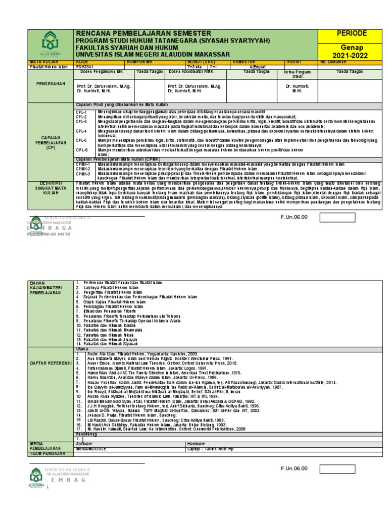 RPS HTN Filsafat Hukum Islam 2021-2022 | PDF
