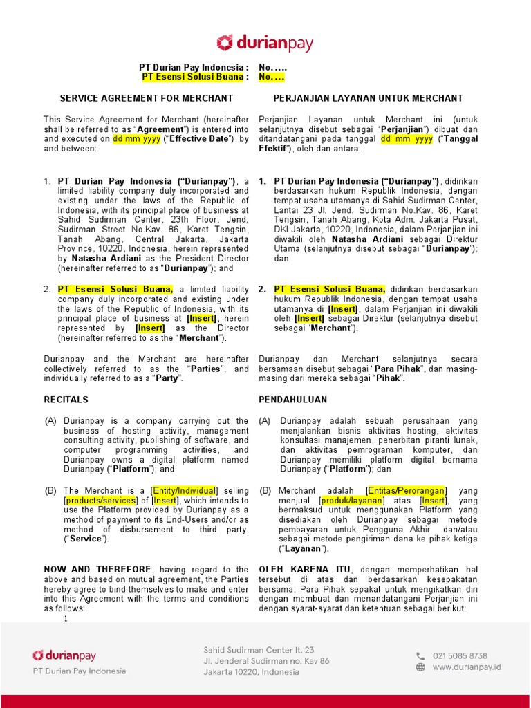 Durianpay - Merchant Agreement - ESB | PDF