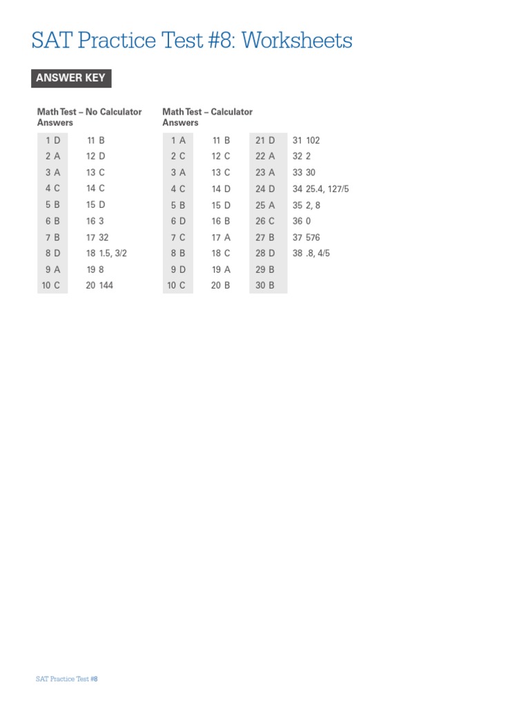 SAT Test 8 Math Answers and Explanations | PDF | Triangle | Inequality ...