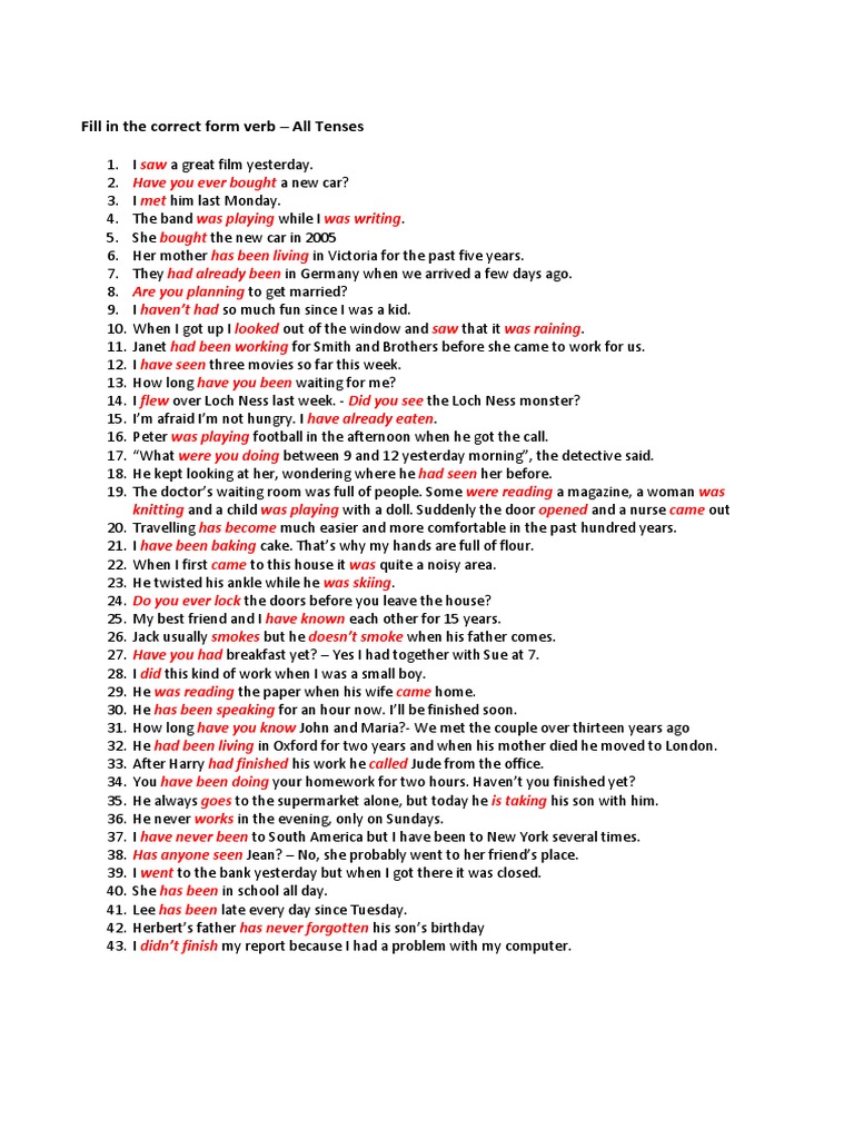 Verb Tenses Exam 7 - Answer Key | PDF