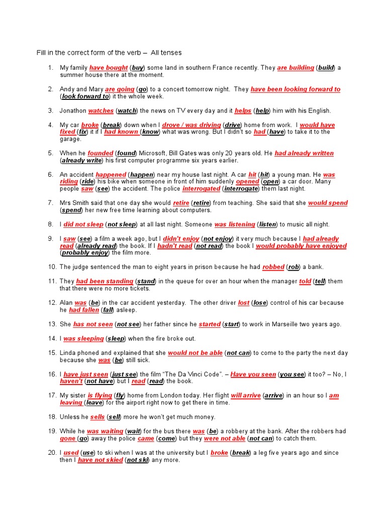 Verb Tenses Exam 6 - Answer Key | PDF