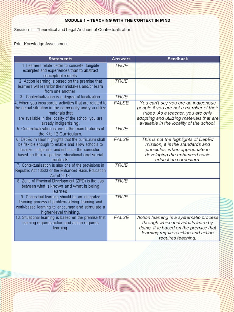 Statements Answers Feedback: Module 1 - Teaching With The Context in ...