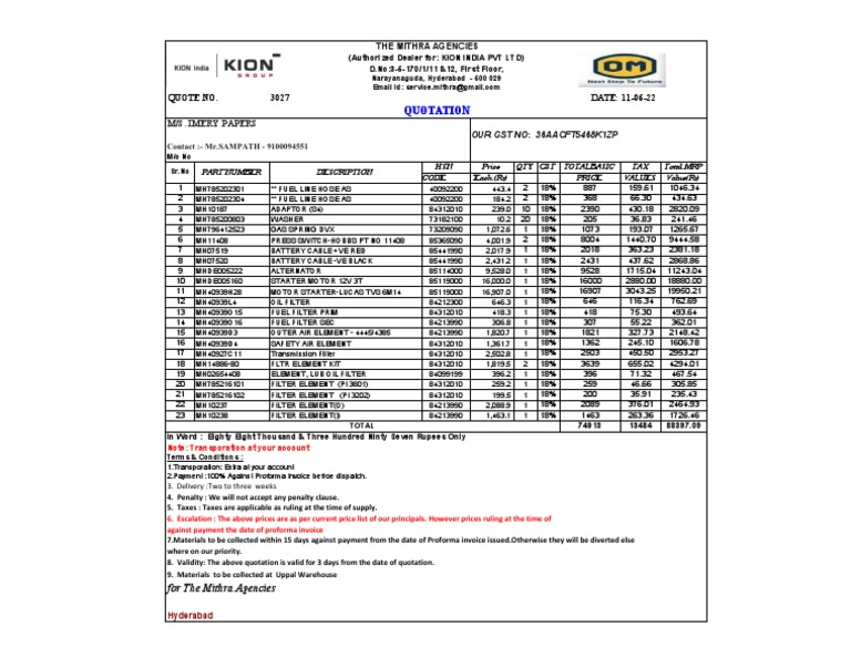 Spare Parts Quotation For Imerys Ceramics | PDF