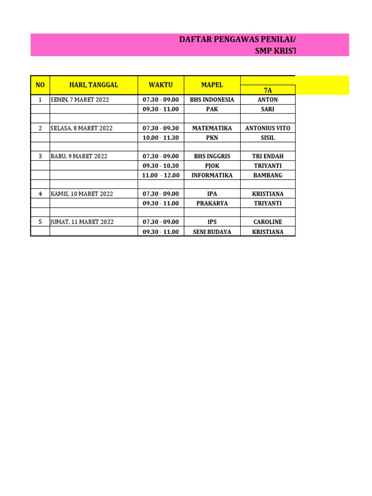 Jadwal Pengawas PTS Genap 2122 | PDF