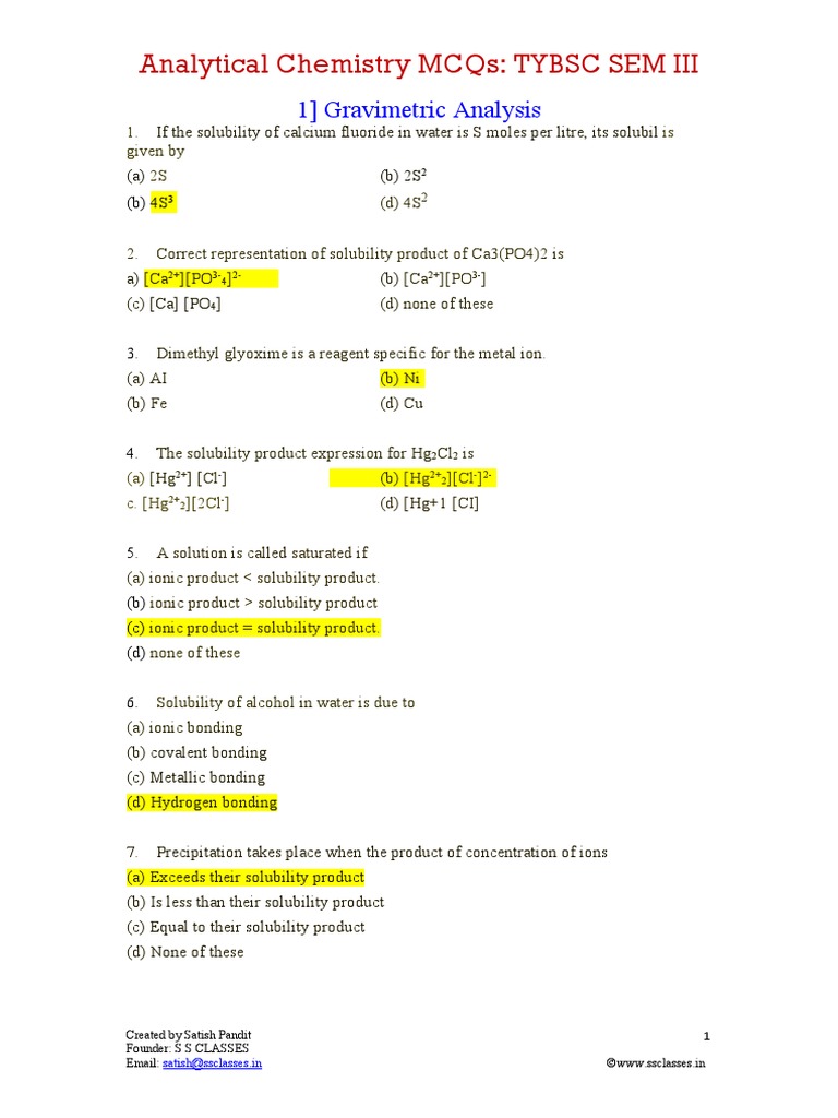 Analytical Chemistry MCQs With Answers PDF Sem III Ssclasses - in | PDF ...