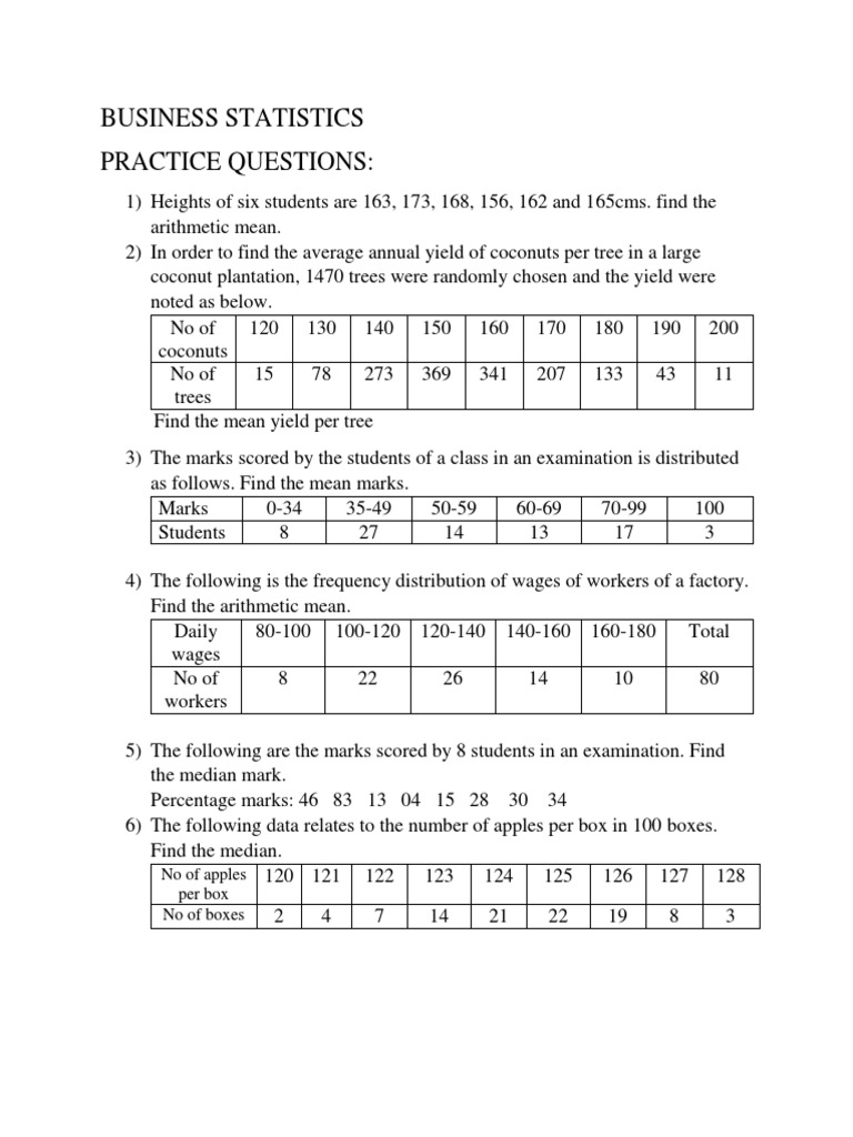Business Statistics Practice Questions | Download Free PDF | Statistics | Sampling (Statistics)