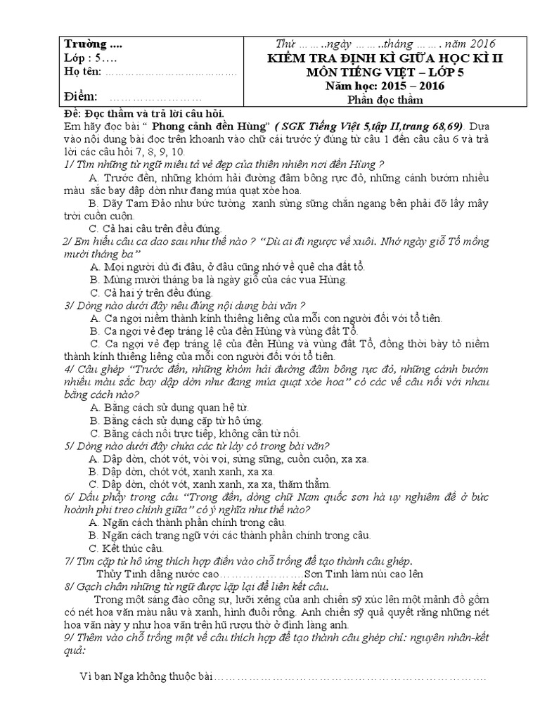 De Thi Giua Hkii Lop 5 Mon Tieng Viet | PDF