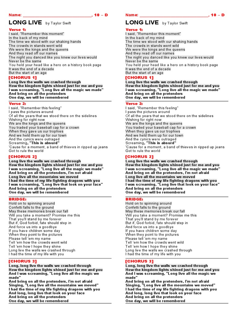 Long Live Lyrics by Taylor Swift | PDF | Song Structure