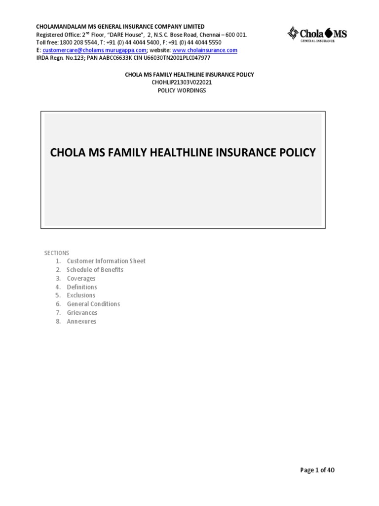 Chola Ms Family Healthline Insurance Policy | PDF | Insurance | Hospital